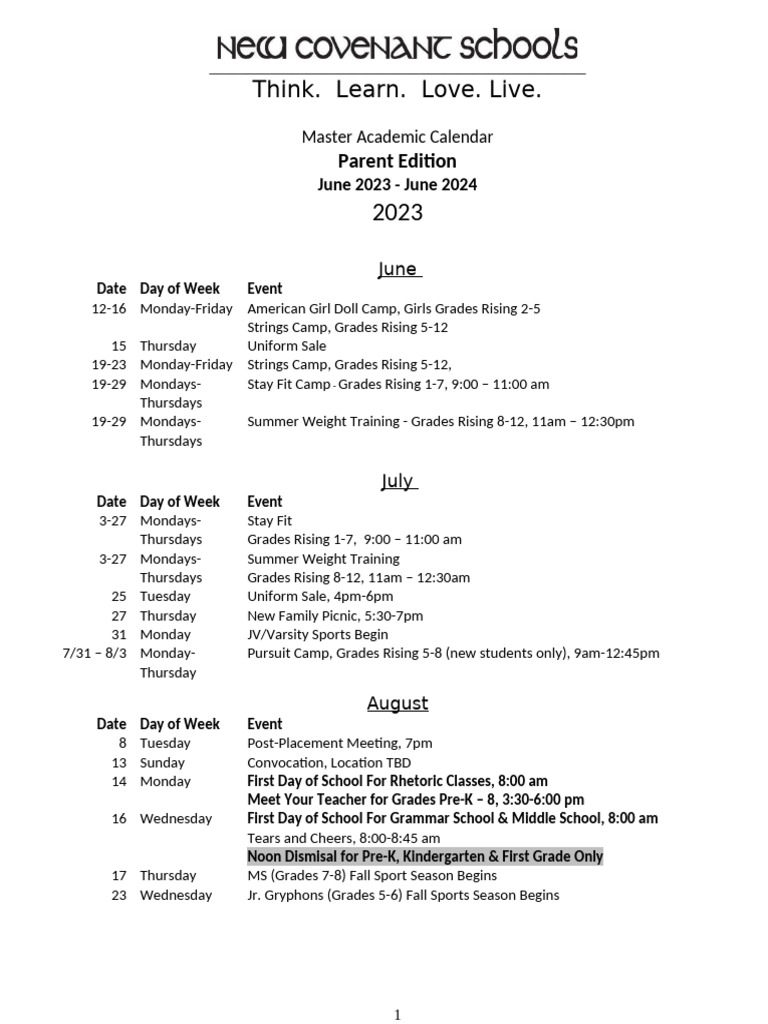 2023 2024 Master Calendar Parent Edition | PDF