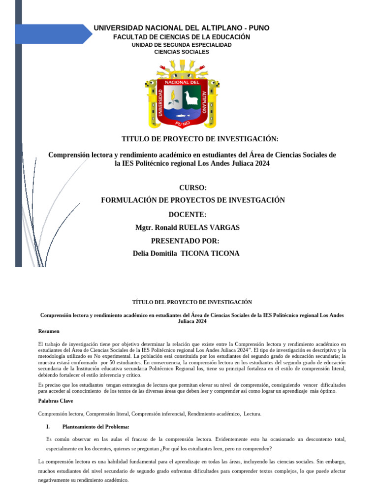 Proyecto de Inv. Una Puno - Delia Domitila | PDF | Comprensión lectora | Enseñando