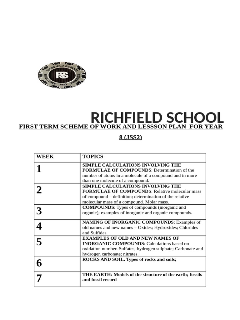 CHEMISTRY YEAR 8 1st TERM LESSON PLAN (WEEK 1,2,3) AND SCHEME OF WORK ...