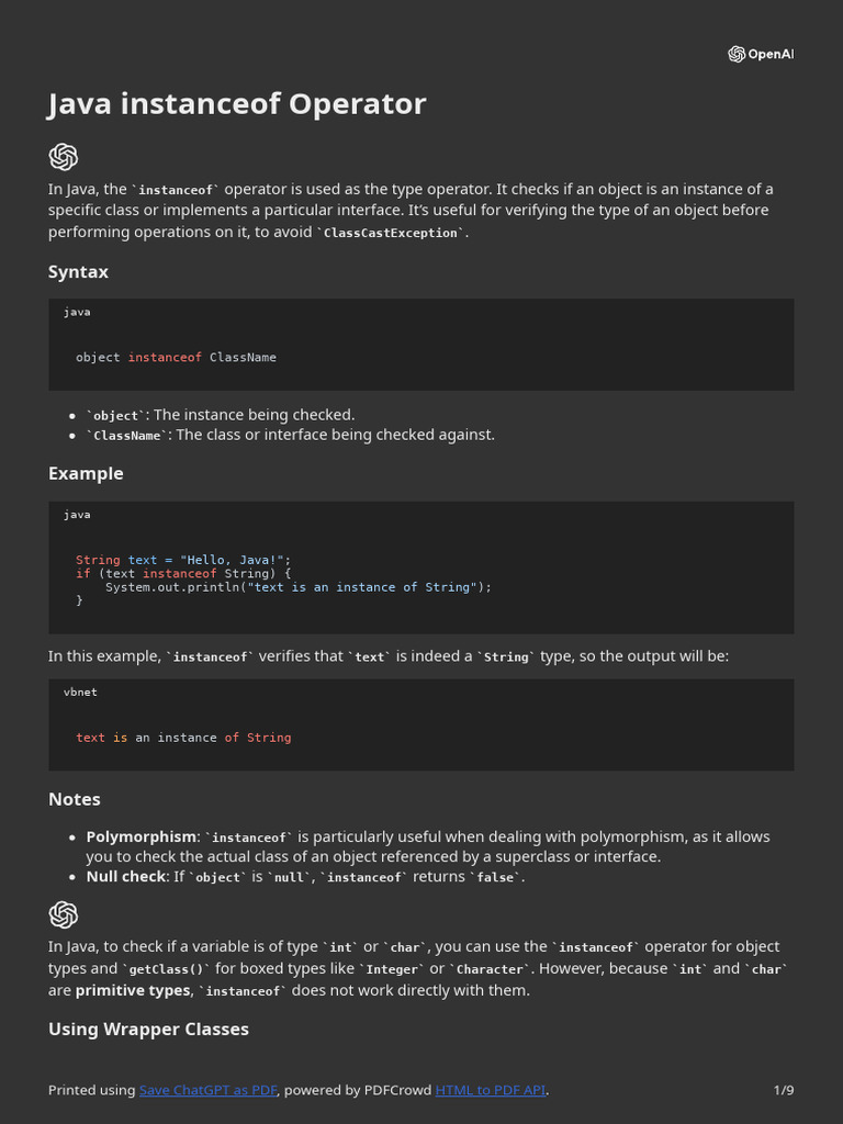 Java Instanceof Operator | PDF | Class (Computer Programming) | Java ... Java Instanceof Operator | PDF | Class (Computer Programming) | Java ...