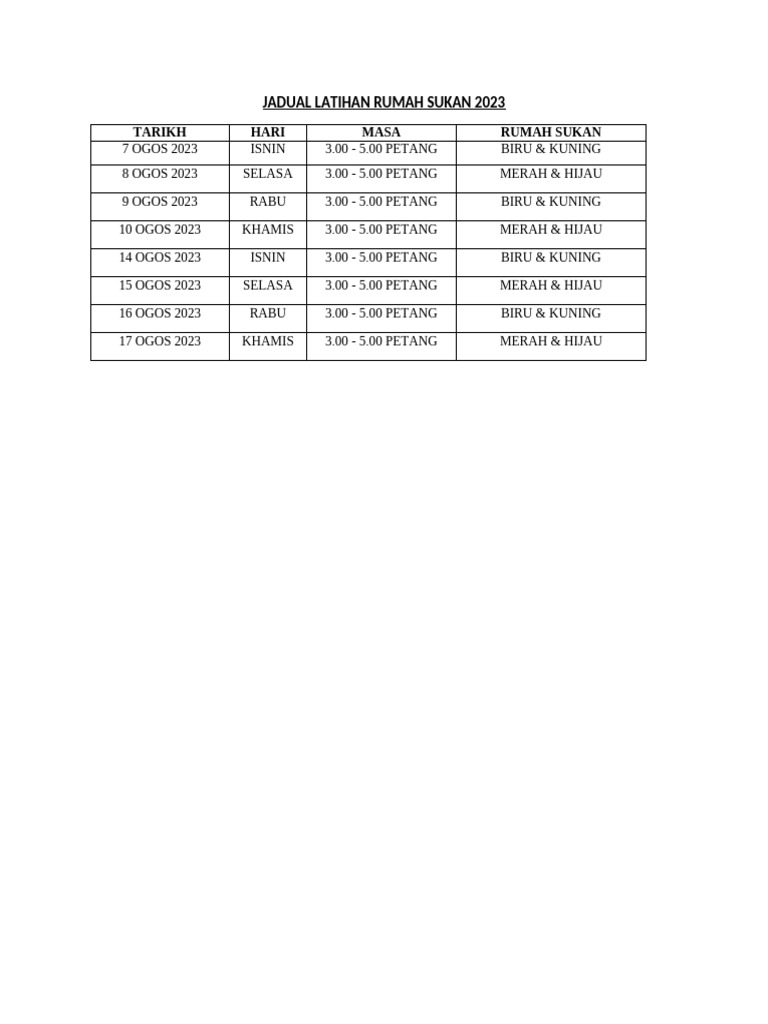 Jadual Latihan Rumah Sukan 2023 | PDF