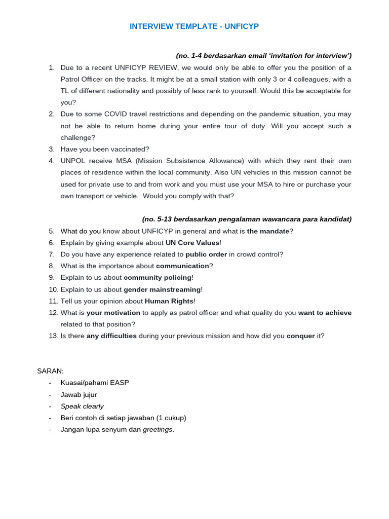 Daftar Pertanyaan Interview Unficyp | PDF
