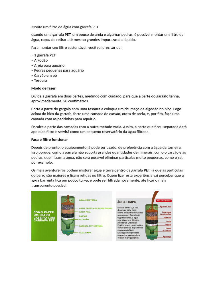 Monte Um Filtro de Água Com Garrafa PET | PDF | Gastronomia, comida e vinho | Tecnologia e ...