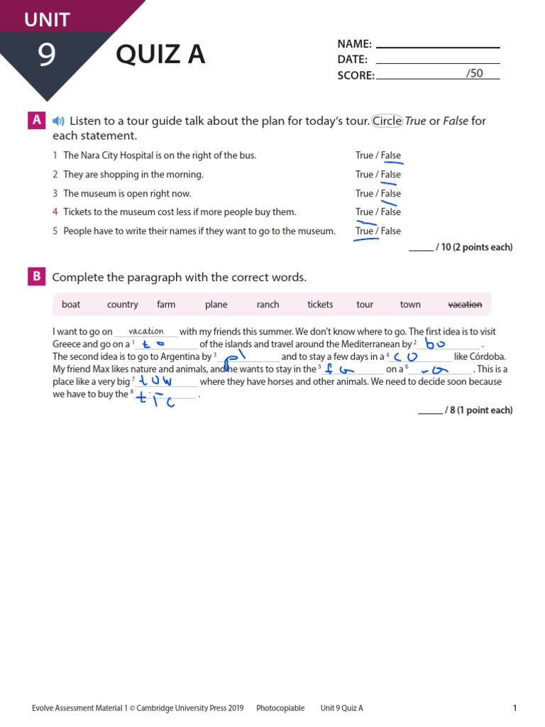 Evolve - L1 - Unit 9 Quiz - A | PDF