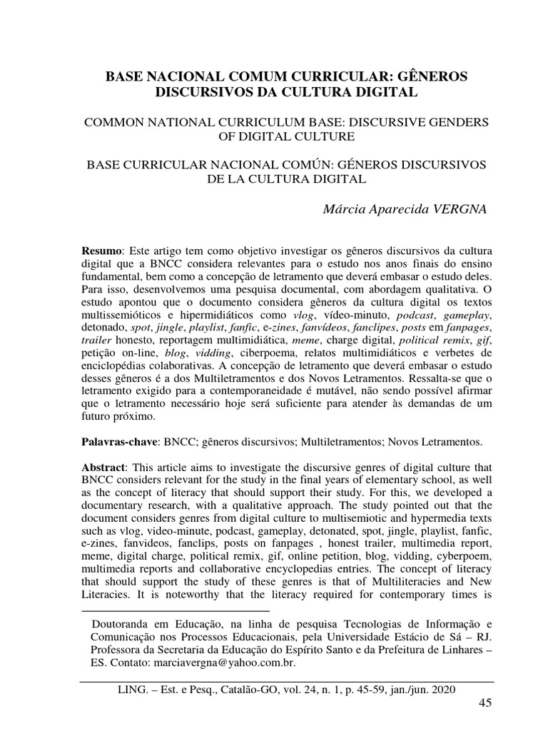 BASE NACIONAL COMUM CURRICULAR: GÊNEROS DISCURSIVOS DA CULTURA DIGITAL ...