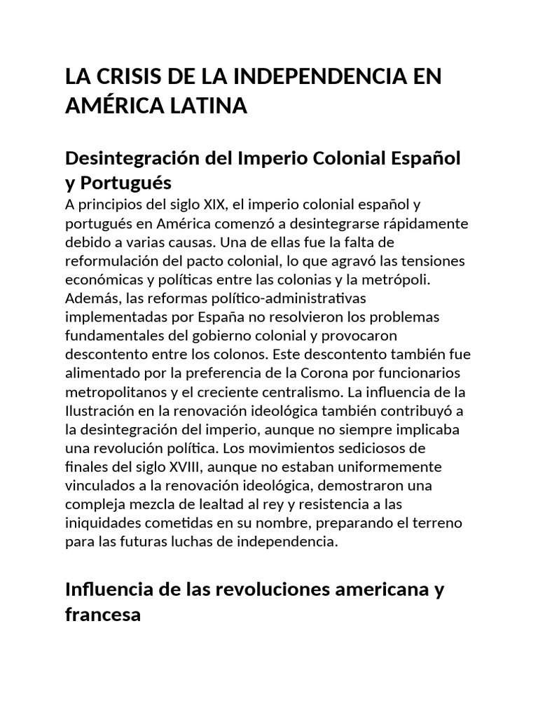 La Crisis de La Independencia en América Latina | PDF | Imperio español ...