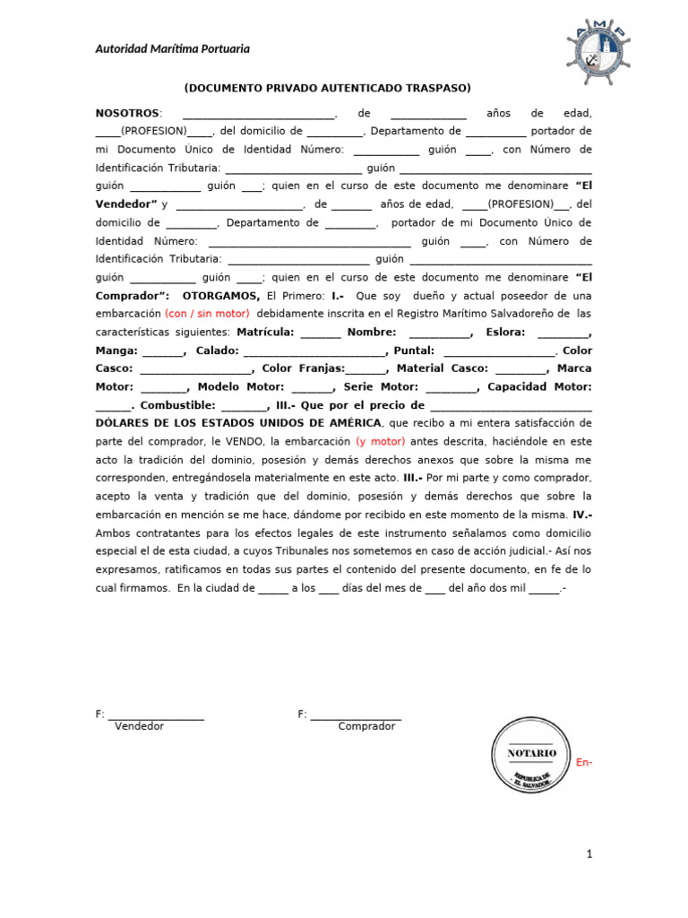 Modelo Documento Privado Autenticado Traspaso | PDF