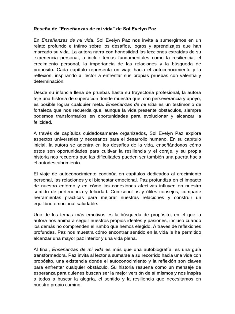 Reseña de Enseñanzas de Mi Vida de Sol Evelyn Paz | PDF | Valor | Las emociones