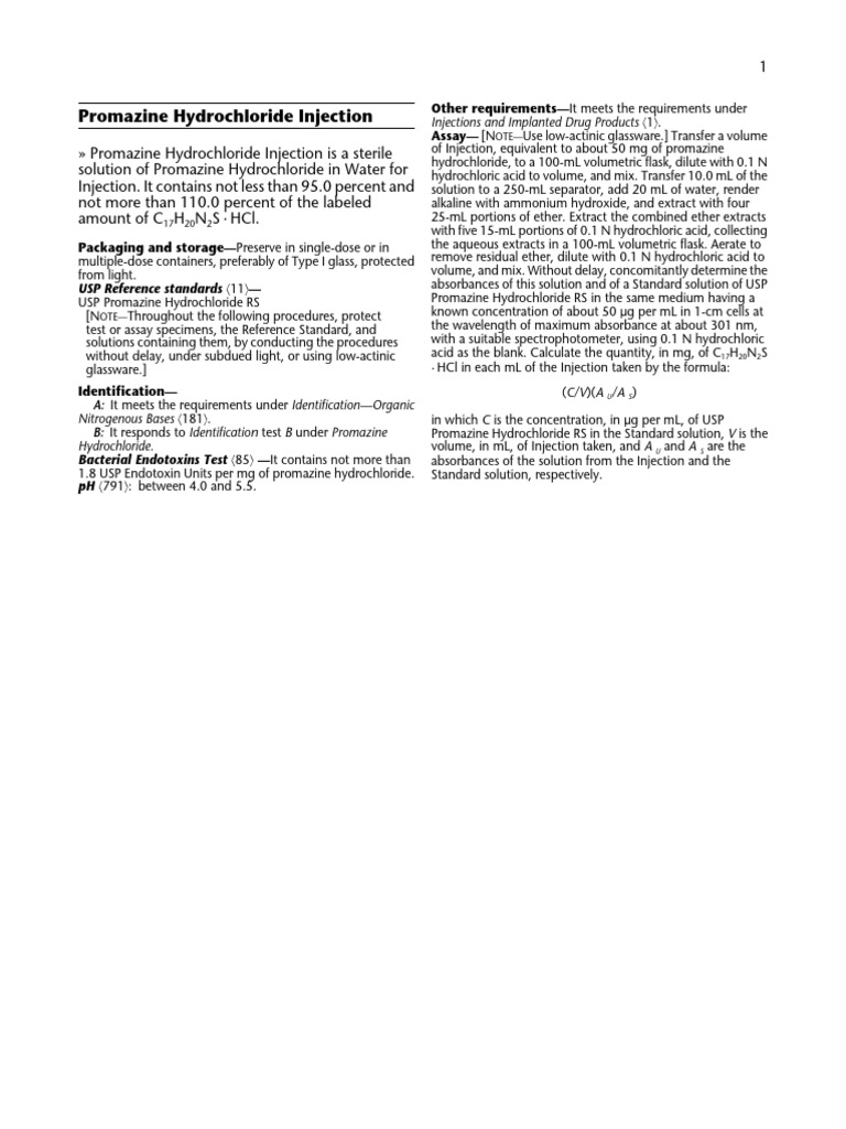 Promazine Hydrochloride Injection | PDF | Hydrochloric Acid | Acid