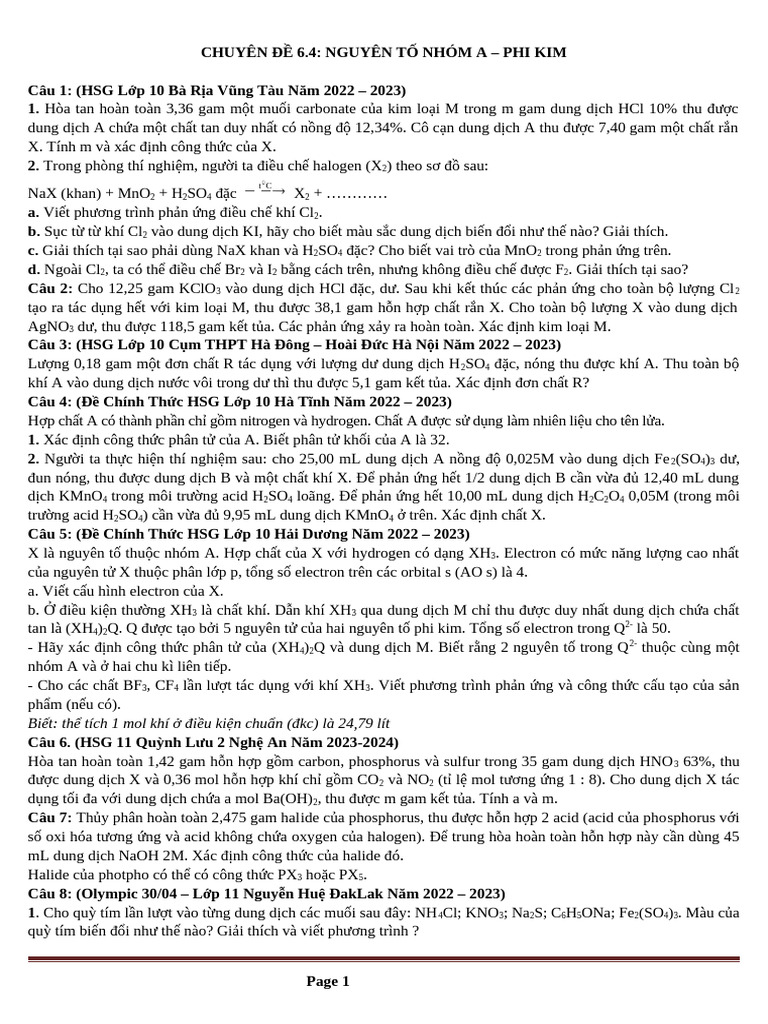 CHUYÊN ĐỀ 6.4. VÔ CƠ NHÓM A- TOÁN TỔNG HỢP PHI KIM.hs | PDF