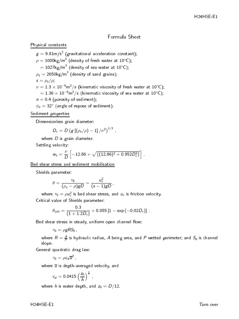 Sedimentation Formula Sheet 1314 v2 | PDF | Mechanics | Sedimentology