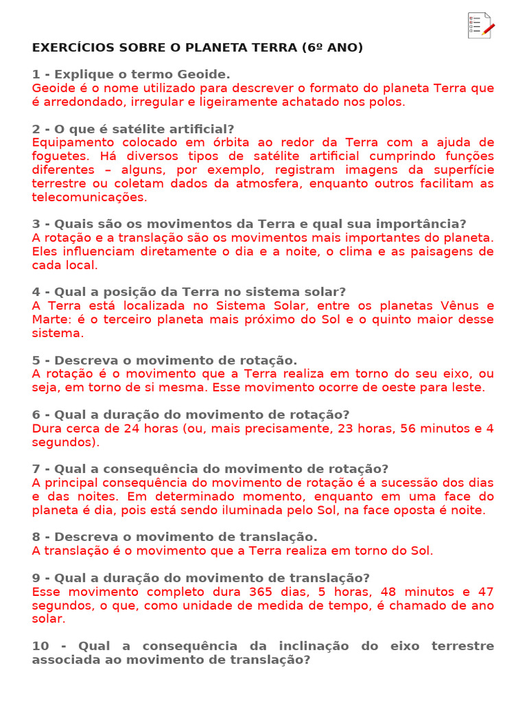 Exercícios Sobre o Planeta Terra | PDF | Terreno | Terra