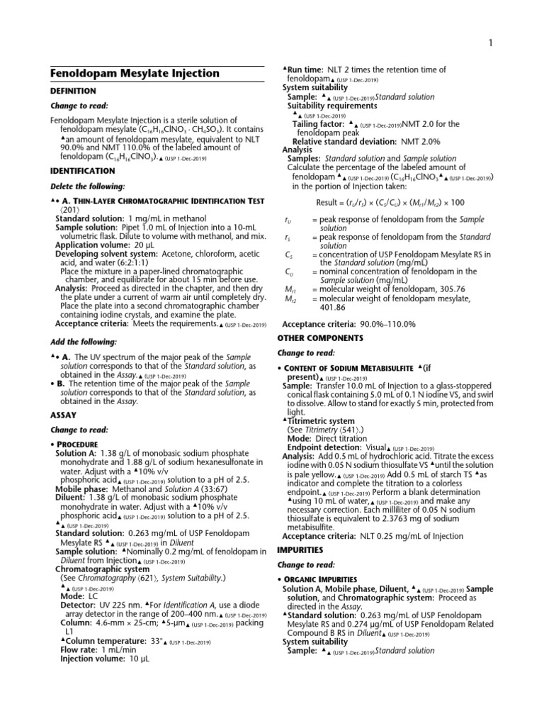 Fenoldopam Mesylate Injection | PDF | Titration | Chemistry