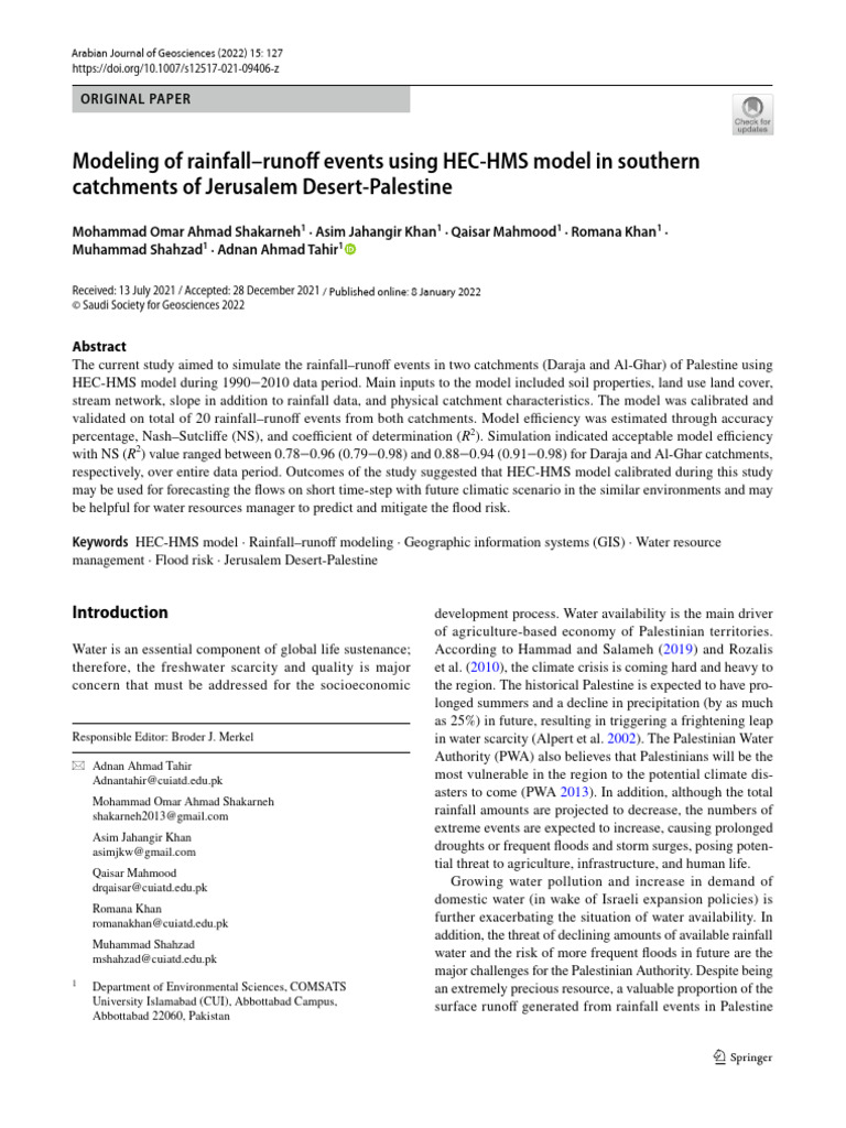 Modeling of Rainfall-Runoff Events Using HEC HMS Model in Southern ...