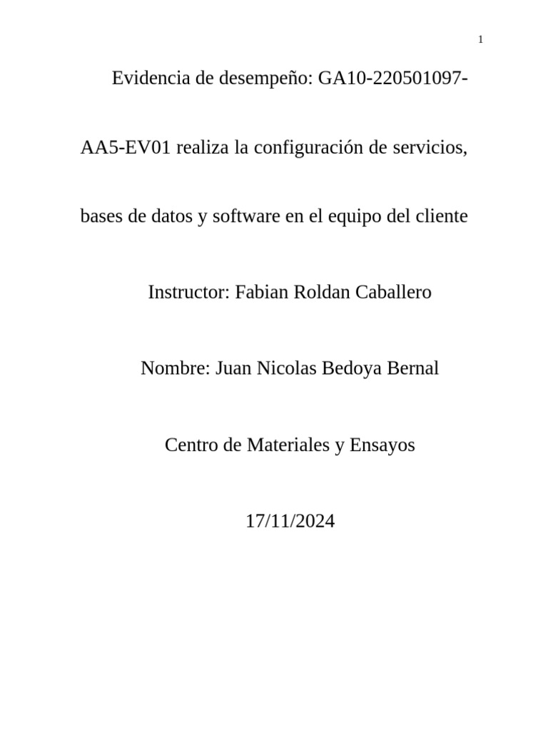Evidencia de Desempeño GA10-220501097-AA5-EV01 Realiza La Configuración de Servicios, Bases de ...