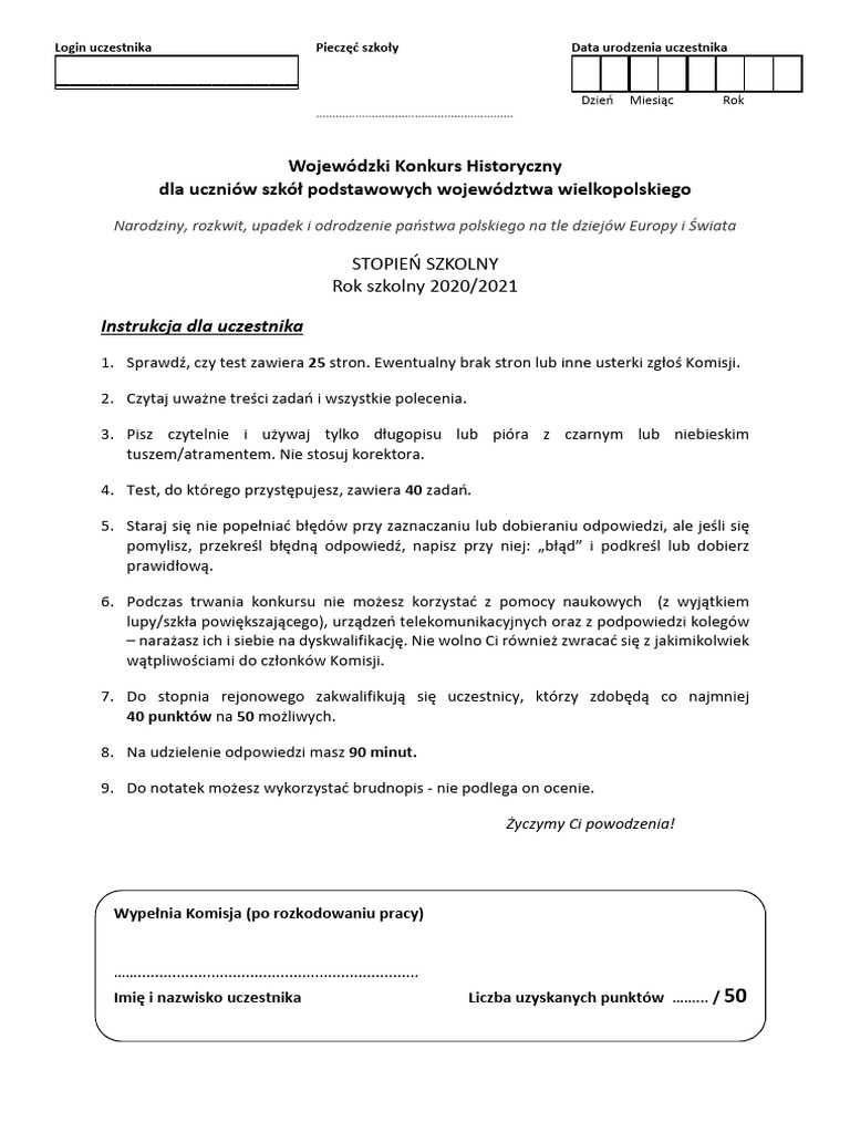 WKH Historia Konkurs Materialy Komplet 2020 2021 | PDF