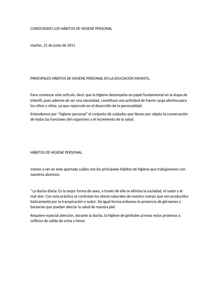 Conociendo Los Hábitos de Higiene Personal | PDF | Higiene | Especialidades Medicas