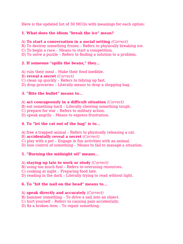 Here Is The Updated List of 30 MCQs With Meanings For Each Option | PDF Here Is The Updated List of 30 MCQs With Meanings For Each Option | PDF