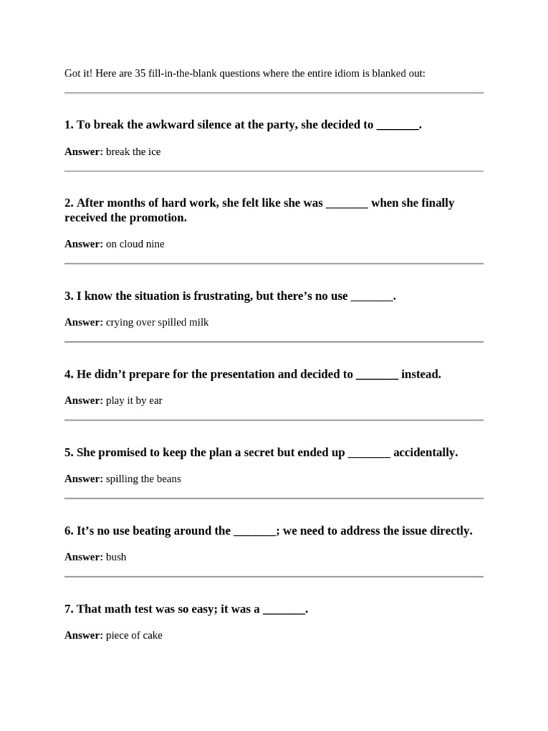Idioms Fill-in-the-Blank Exercises | PDF | Teaching Methods & Materials