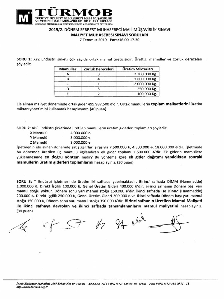 SMMM Yeterlilik Sinavi 2019 2 Maliyet Muhasebesi | PDF
