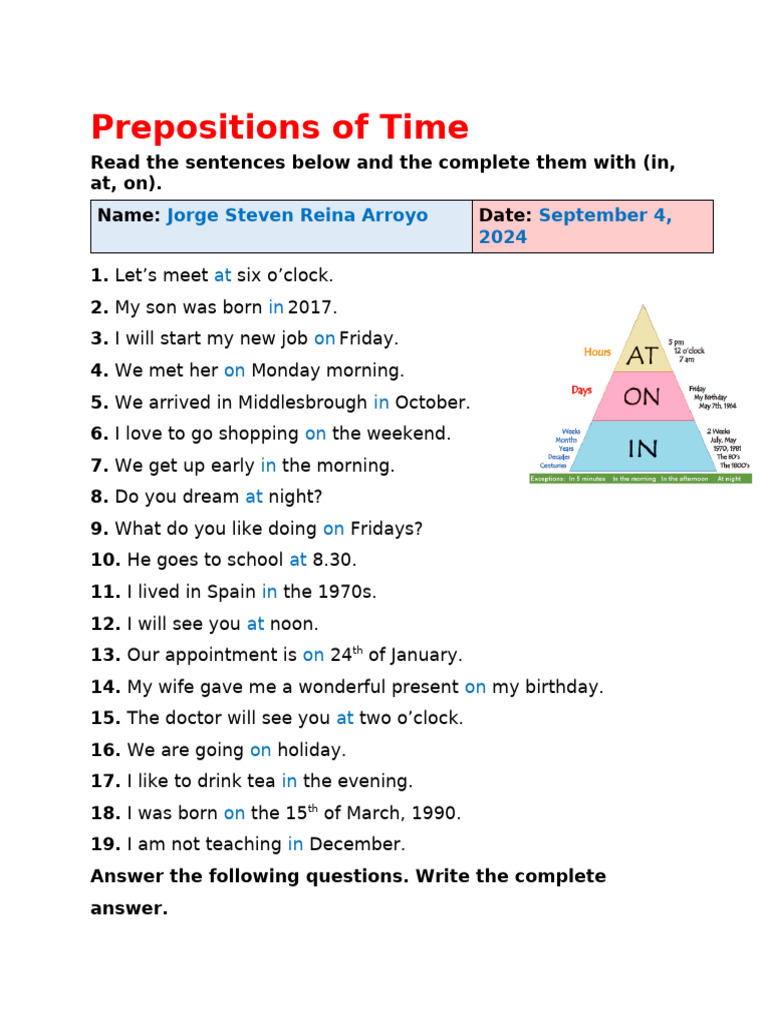 Prepositions of Time Practice | PDF