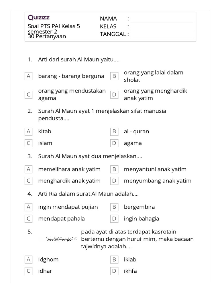 Soal PTS PAI Kelas 5 Semester 2 | PDF