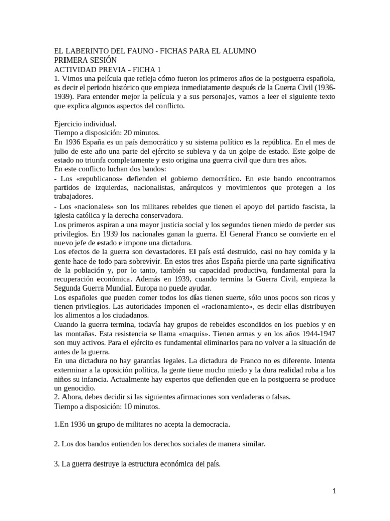 Laberinto del Fauno: Fichas para Alumnos | PDF | Ciencias Políticas