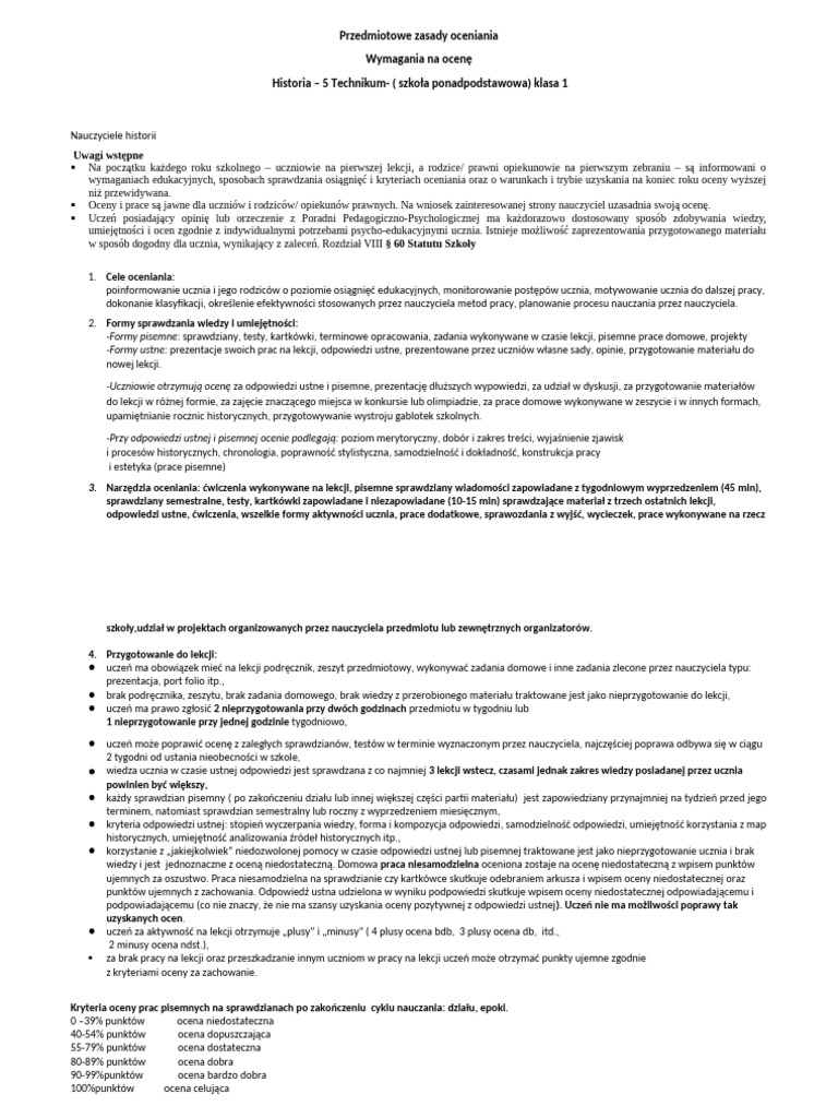 Historia - Klasa 1 PZO - Wymagania Na Oceny - Nowa Podstawa 2022 | PDF