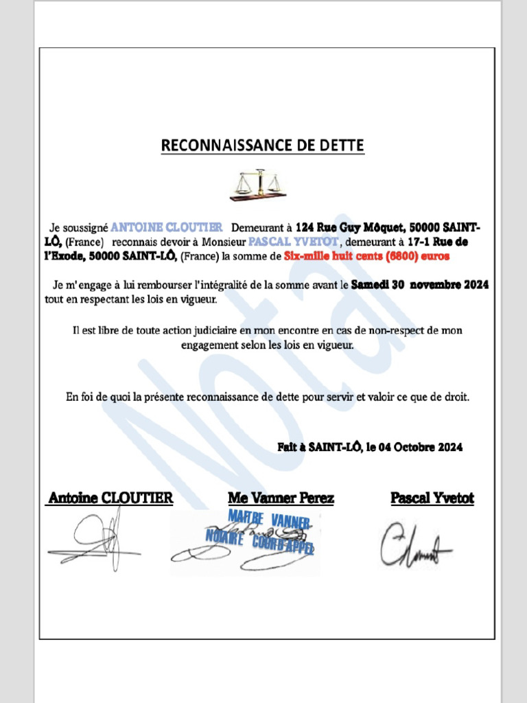 Reconnaissance de Dette | PDF