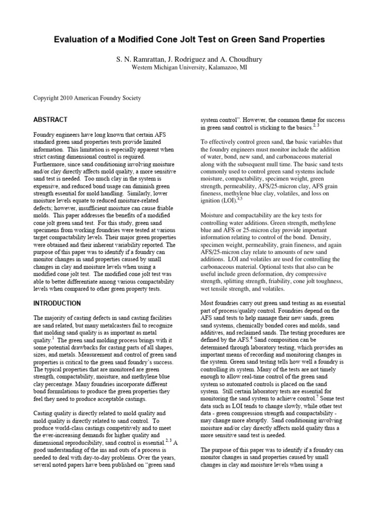 Evaluation of A Modified Cone Jolt Test On Green Sand Properties | PDF ...