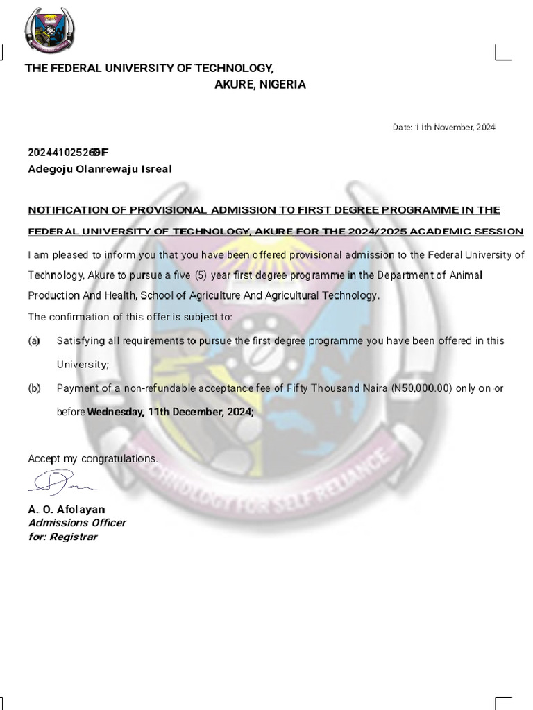 Adegoju Olanrewaju Isreal Admission Letter Phoenix | PDF