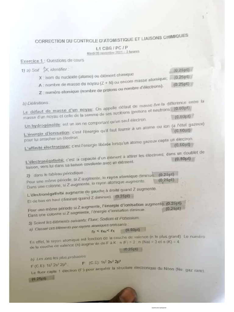 Corrigé Du Contrôle D'atomistique 2020-21 | PDF