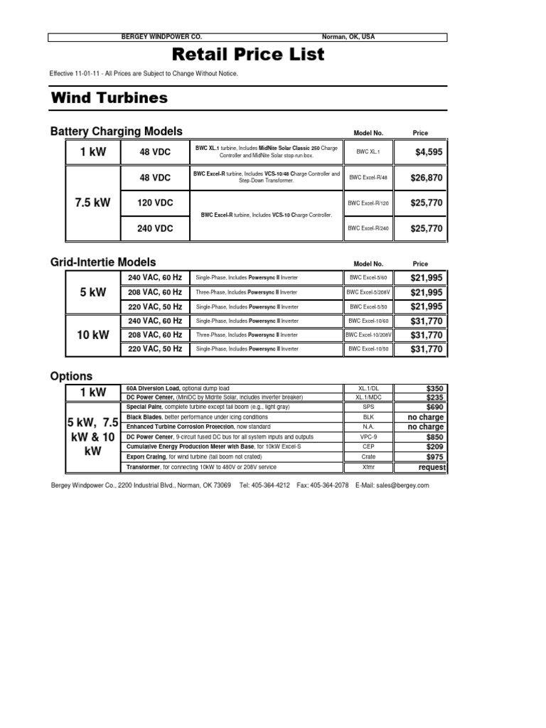 Retail Price List For Wind Turbines - 2011 | PDF | Mains Electricity ...