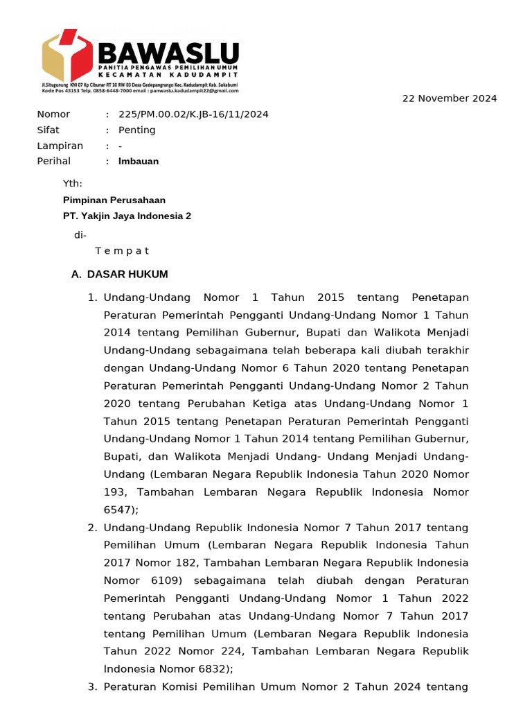 210 PM Surat Imbauan Kepada Pimpinan Perusahaan Tentang Hari Libur Pada Pemungutan Suara ...