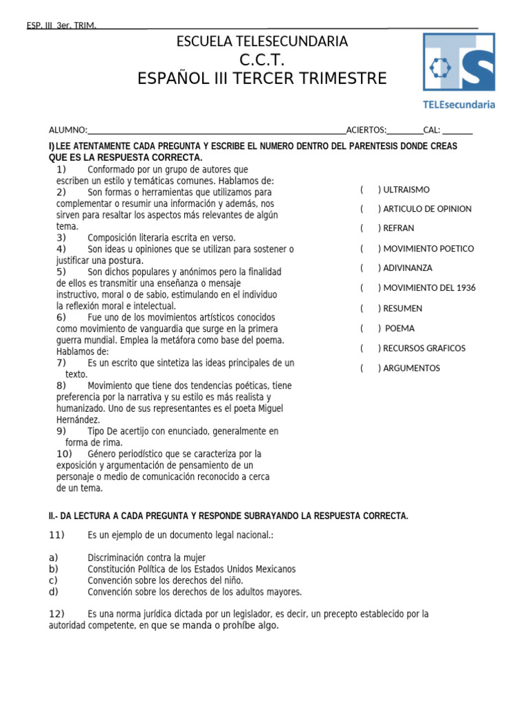 Examen de Español III 3er. Trimestre | PDF | Ficción general