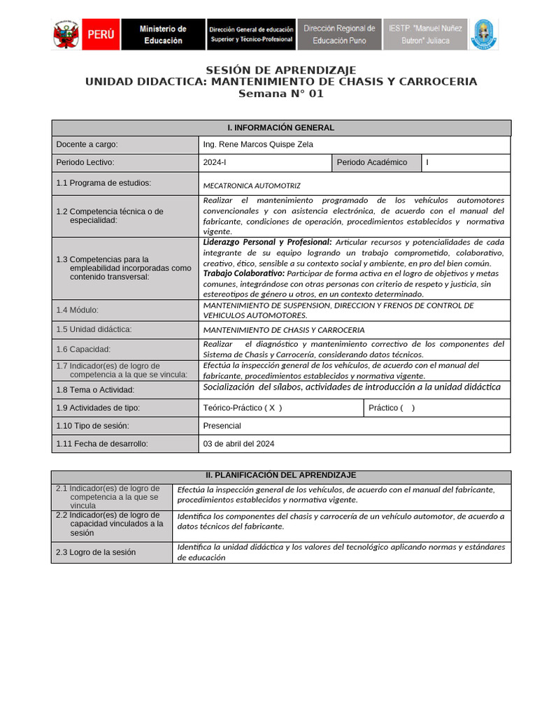 FORMATO SESION DE APRENDIZAJE APROBADO CON RESOLUCION 2024 - Chasis y Carroceri | PDF | Maestros ...