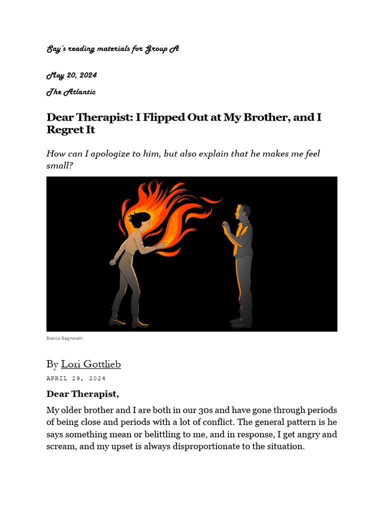 Dear Therapist, I Flipped Out at My Brother, and I Regret It - (May 20 ...