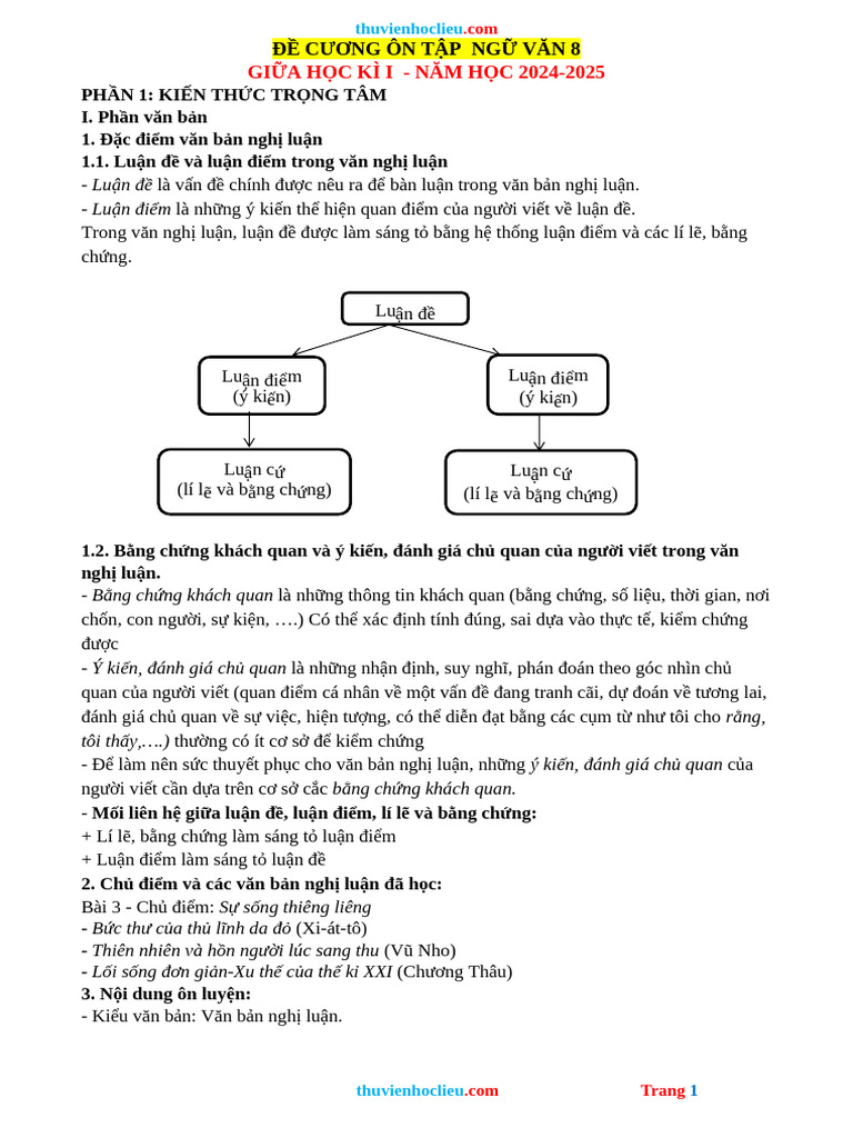 De Cuong On Tap Giua HK1 Ngu Van 8 CTST 24 25 | PDF