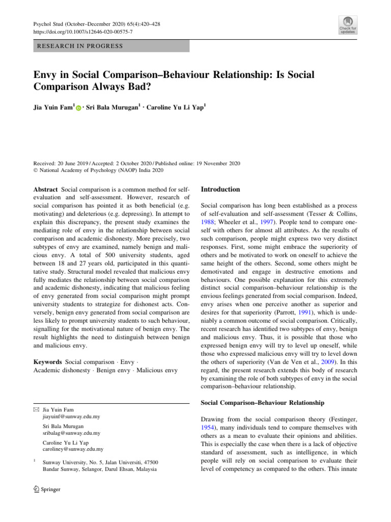 Envy in Social Comaprtion | PDF | Envy | Psychological Concepts