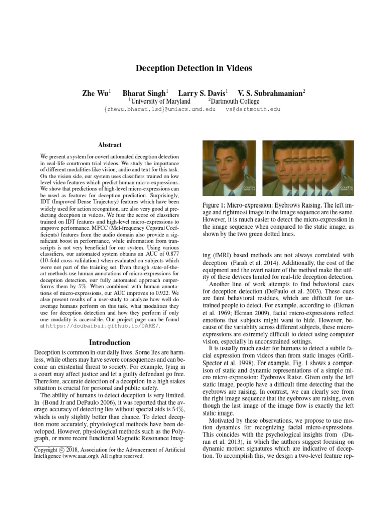 Deception Detection in Videos: Zhe Wu Bharat Singh Larry S. Davis V. S. Subrahmanian | PDF ...
