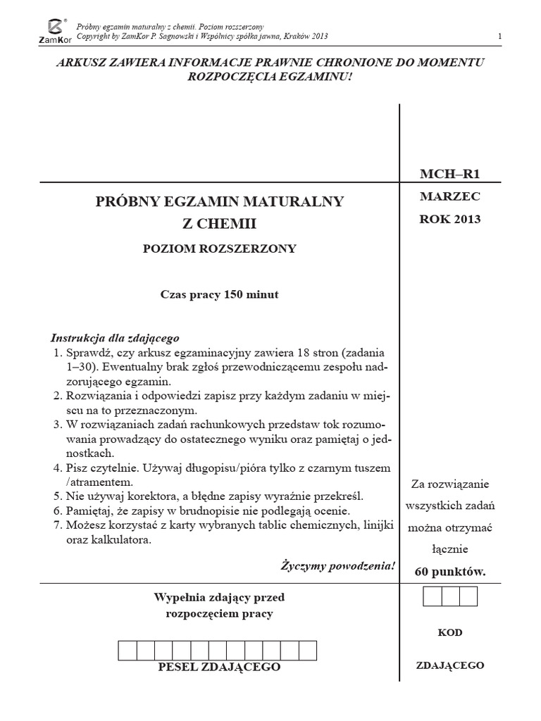 Arkusz Chemia Probna Zamkor Marzec 2013 Poziom Rozszerzony | PDF