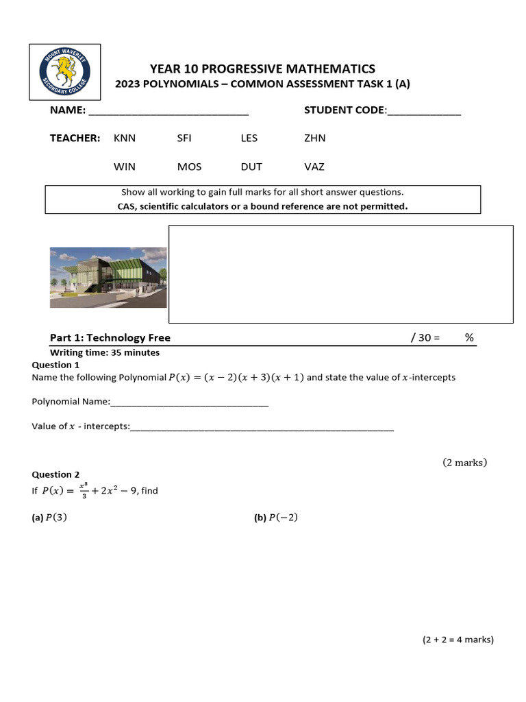 2023 Polynomials CAT Test A FINAL | PDF | Polynomial | Factorization