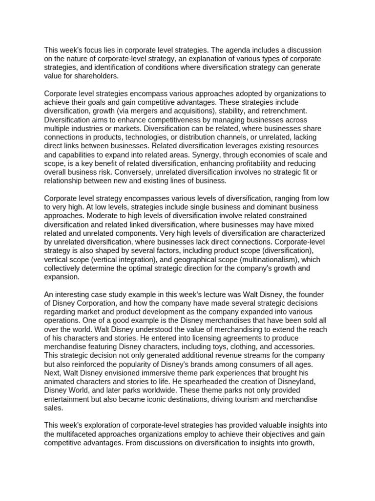 Corporate Level Strategies | PDF | Diversification (Finance) | The Walt ...