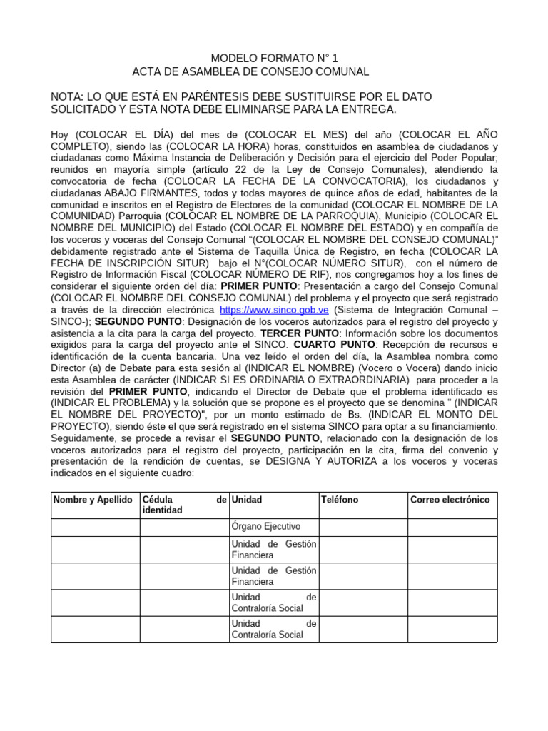Formato Acta de Asamblea Consejo Comunal | PDF | Bancos | Gobierno