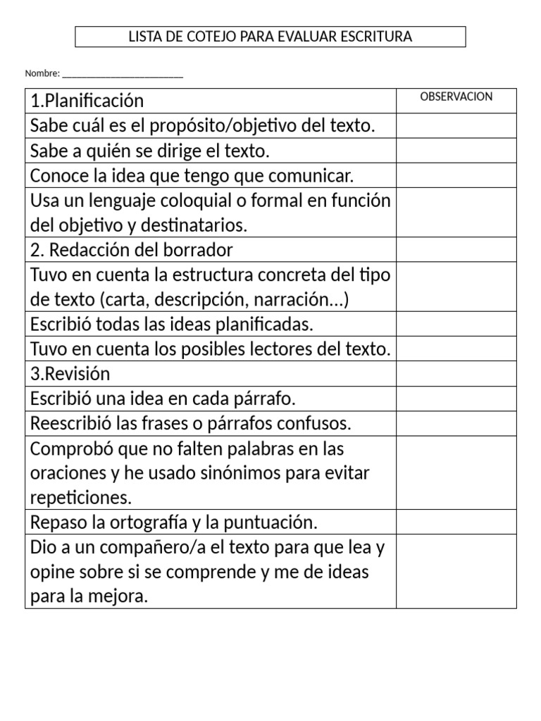 Lista de Cotejo Lectura y Escritura 3 Grado | PDF