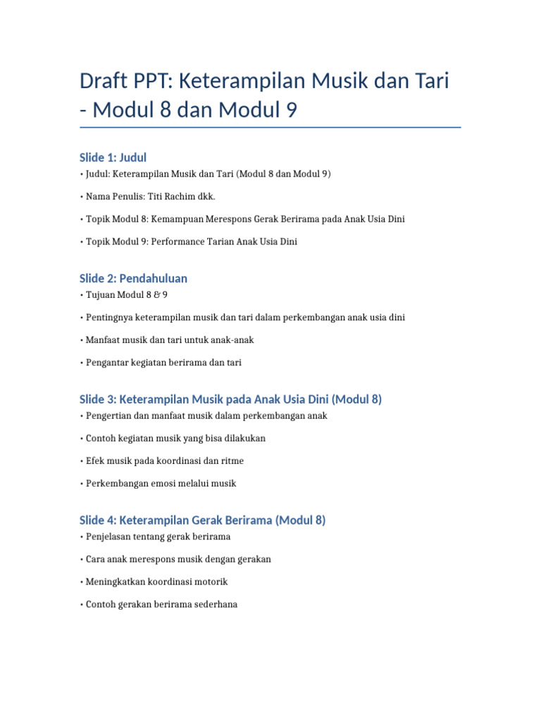 Draft PPT Keterampilan Musik Dan Tari Modul 8 9 | PDF | Karier & Perkembangan
