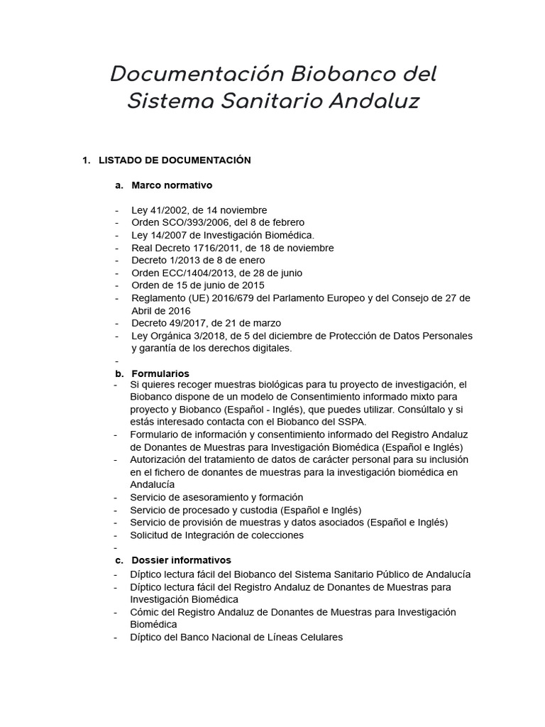 Documentación Biobanco SSPA: Normativa y Formularios | PDF