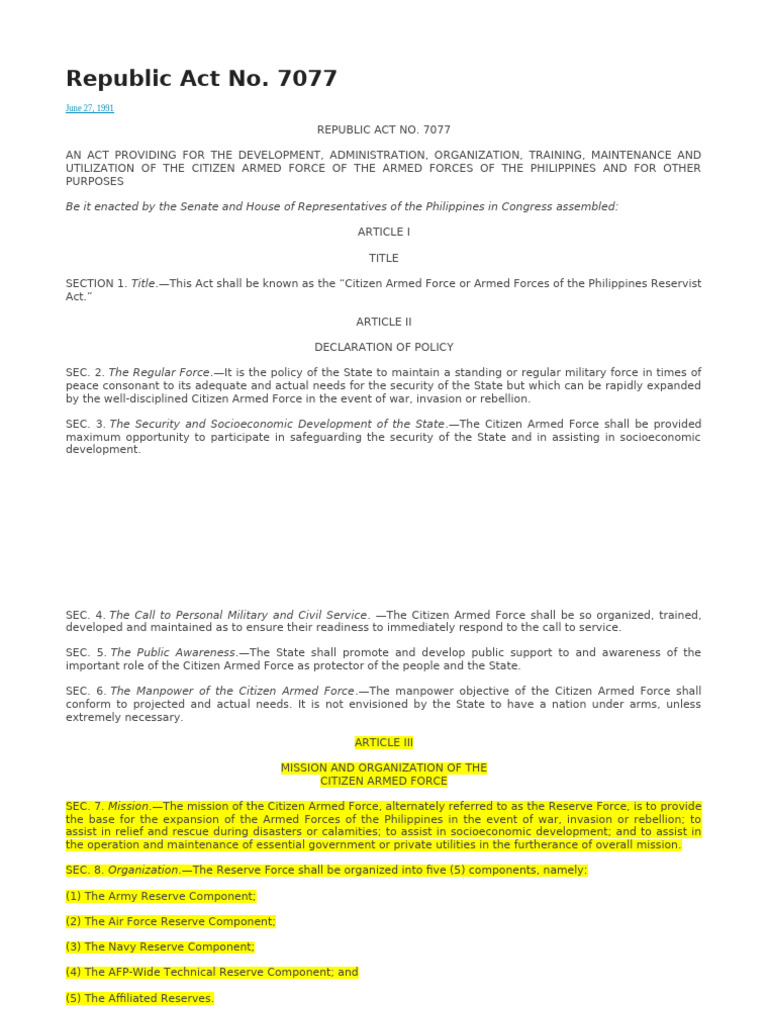 Republic Act No 7077 (CITIZEN ARMED FORCES) | PDF | Reserve Officers ...