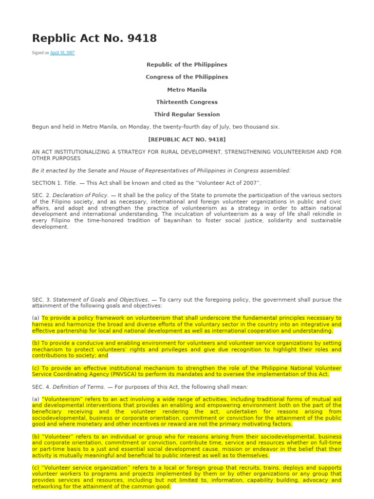 Ra 9418 (Volunteer Act of 2007) | PDF | Volunteering | Travel Visa