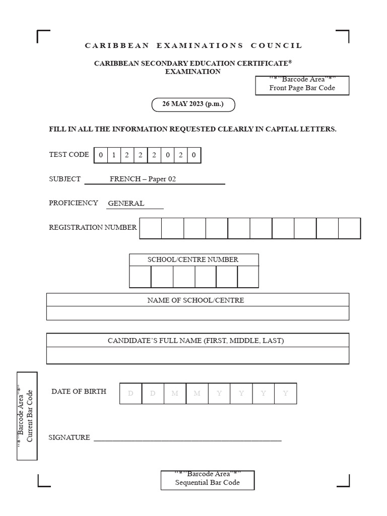 CSEC French Paper 2 2023 | PDF | Barcode